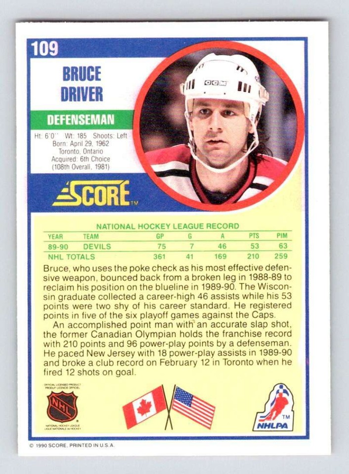 Bruce Driver 1990-91 Score #109 NJ Devils ID:26629 | eBay