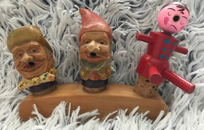 Vintage German Hand Carved Wooden Men Bottle Pour Stop Corks Set of 3 w ...