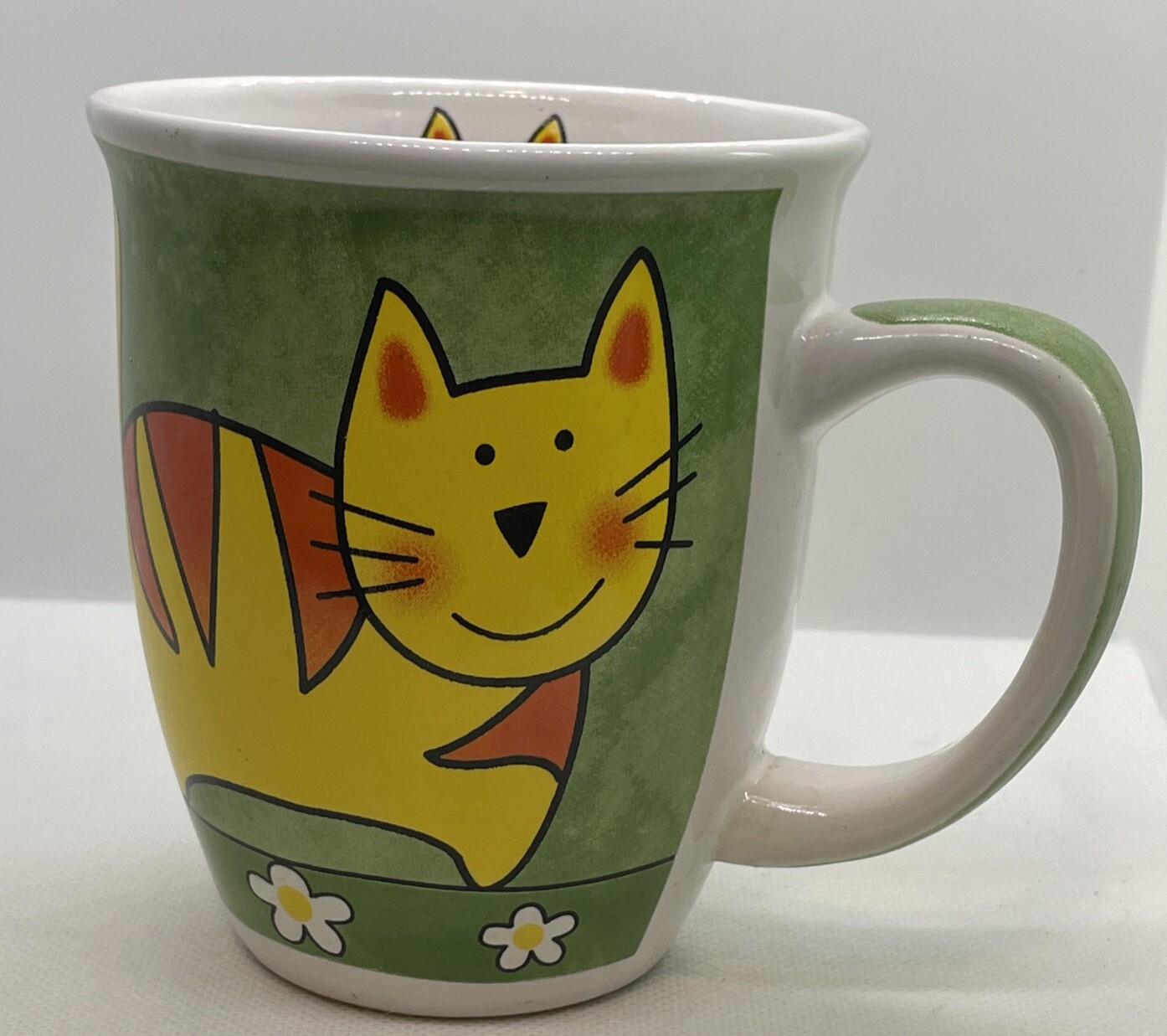 Happy Yellow Tabby Cat Coffee Tea Mug By WCL Daises Around Border | eBay
