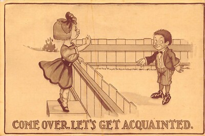 Sepia-Toned Old Postcard of Children Flirting Over A Fence-Let's Get ...