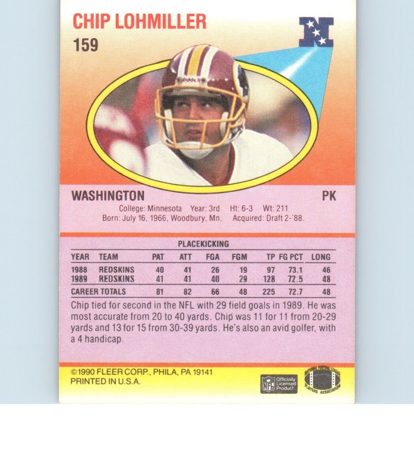 Chip Lohmiller 159 Redskins 1990 Fleer NFL Football Trading Card | eBay