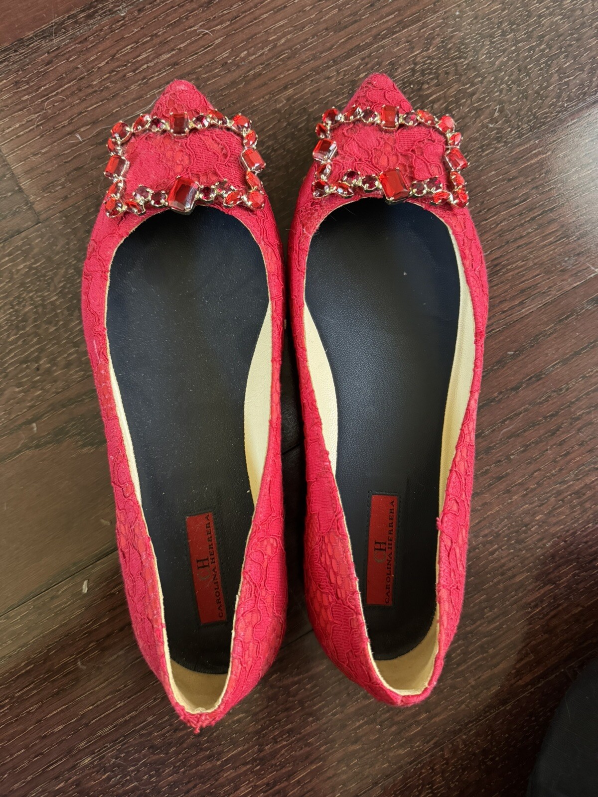 Carolina Herrera Women Red Lace Flat Jeweled Shoes - Gem