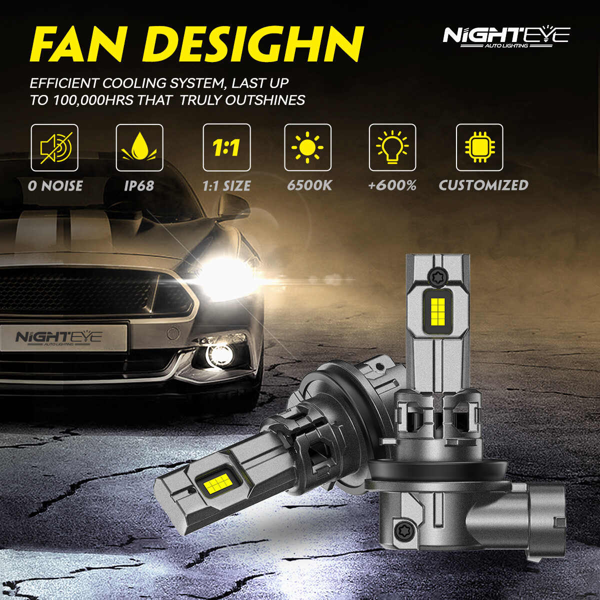NIGHTEYE H11 H9 H8 LED Headlight Bulbs Kit 70W 30000LM Hi-Lo Beam 6500K ...