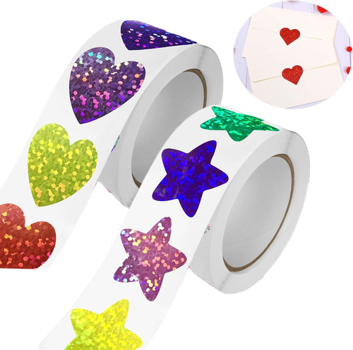 500Pcs Foil Star Stickers and 500Pcs Colorful Heart Shaped Stickers for ...