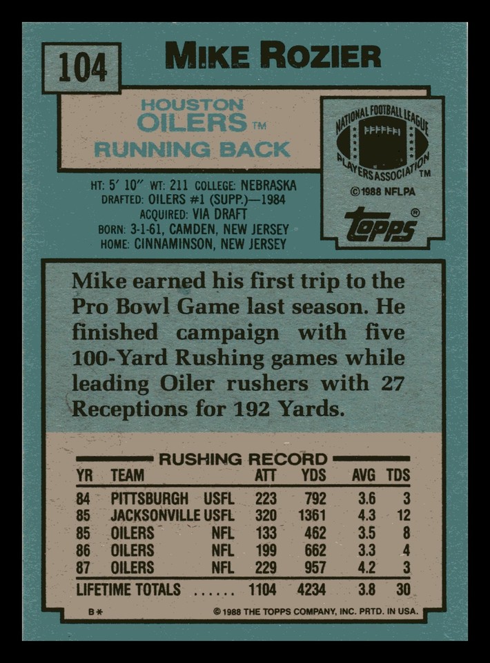 1988 Topps Mike Rozier #104 Houston Oilers Mint | eBay