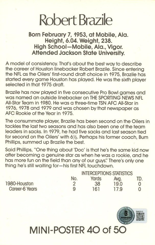 Robert Brazile Autographed Houston Oilers Mini Poster 40/50 Beckett ...