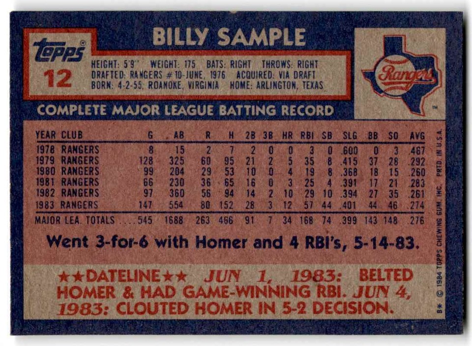 1984 Topps Billy Sample Texas Rangers #12 | eBay