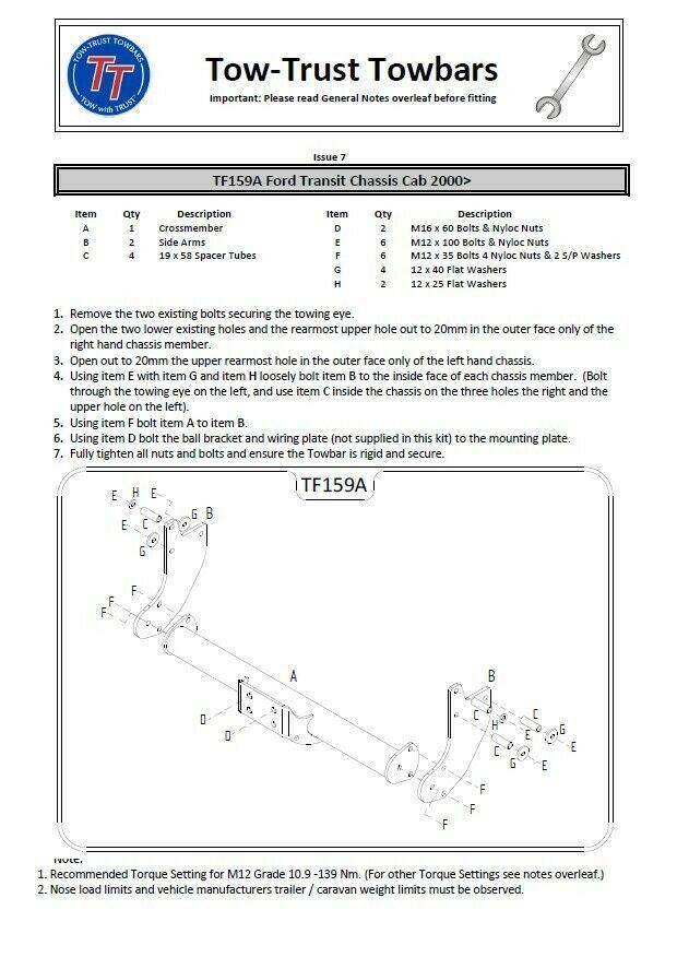 Towbar for Transit Chassis Cab & Tipper Mark 8 2014on Heavy Duty ...