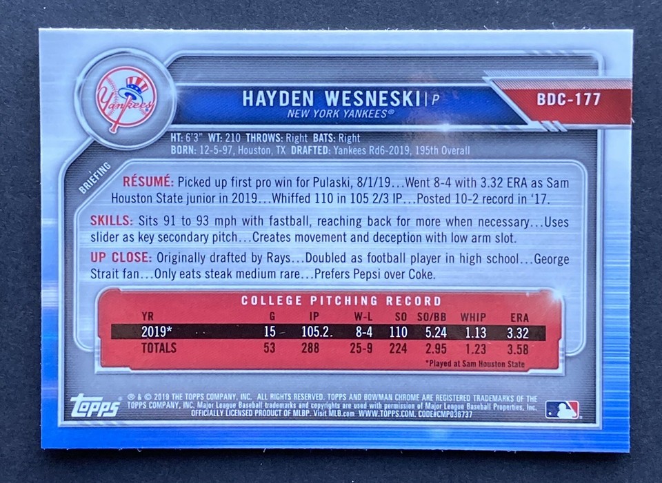 Hayden Wesneski 2019 Bowman Chrome Sapphire Atomic Refractor RC 1st ...