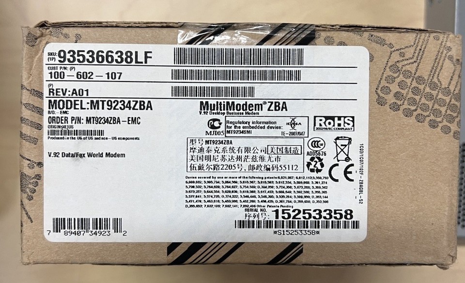 Multitech Systems Multi Modem Business Data Fax ZBA V.92-56K MT9234ZBA ...