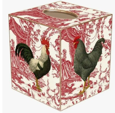 MARYE-KELLEY, 5" FRENCH ROOSTERS on RED TOILE CUBED TISSUE BOX COVER ...