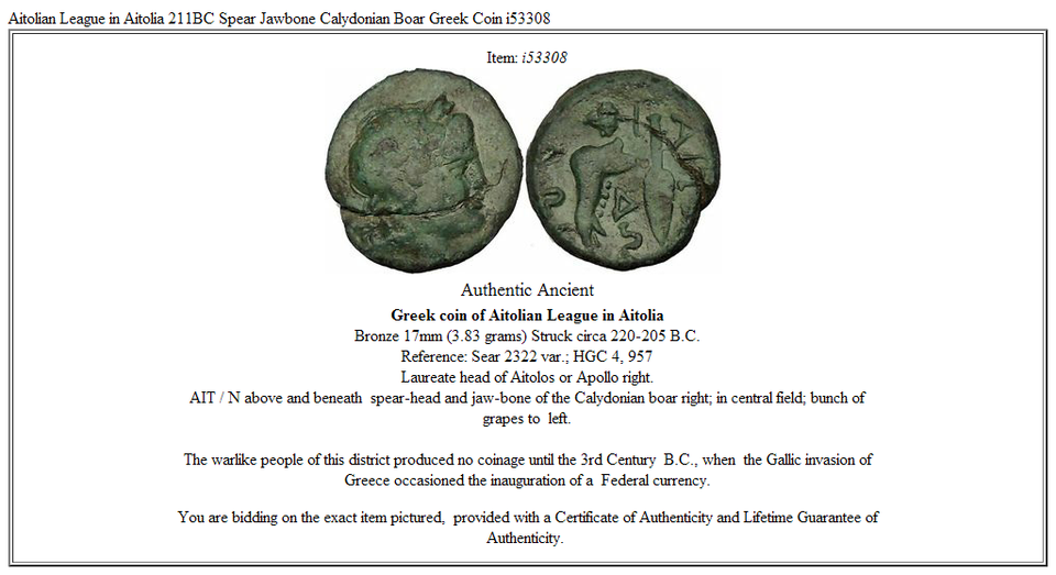 Aitolian League in Aitolia 211BC Spear Jawbone Calydonian Boar Greek ...