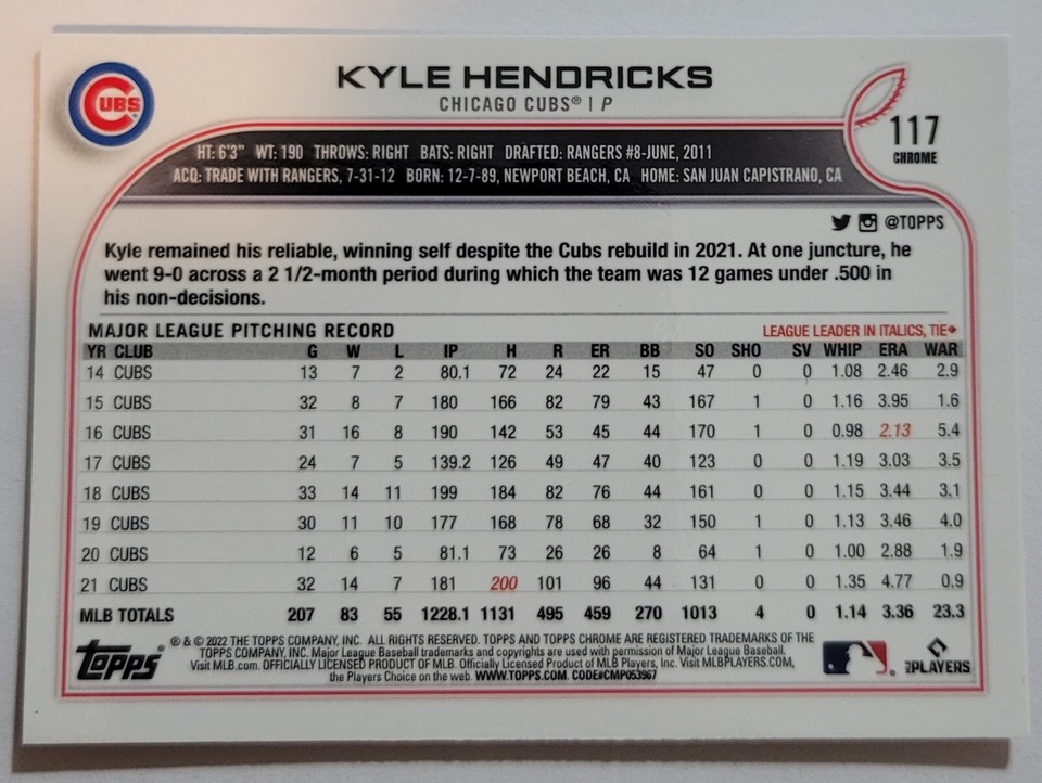 2022 Topps Chrome Kyle Hendricks Pink Refractor Parallel #117 CUBS | eBay