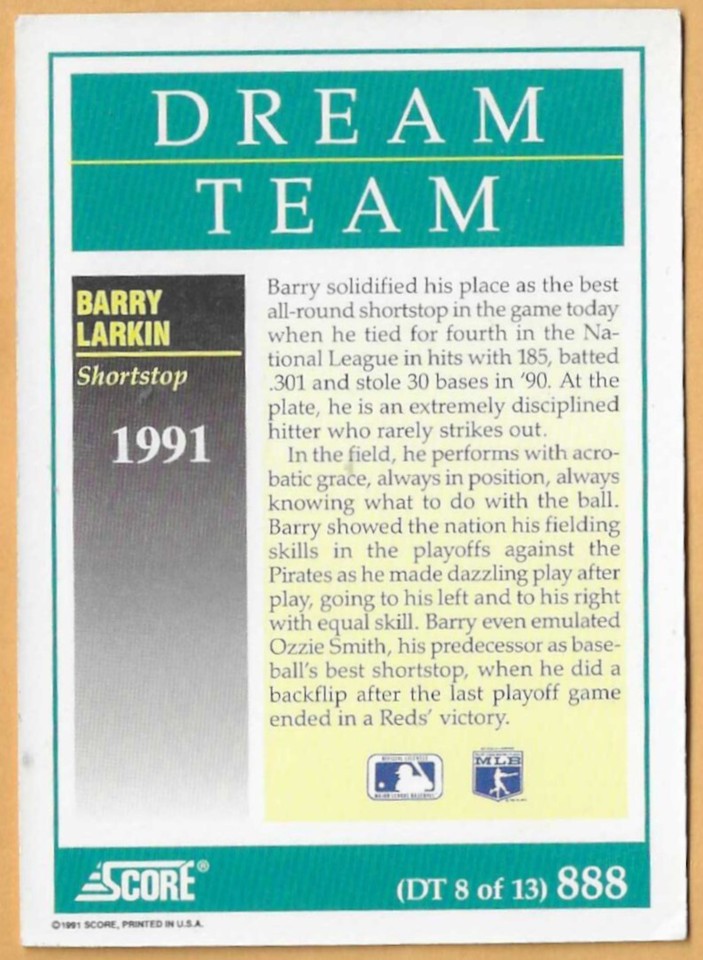 BARRY LARKIN CINCINNATI REDS DREAM TEAM #888 - SCORE NM-MT 1991 | eBay