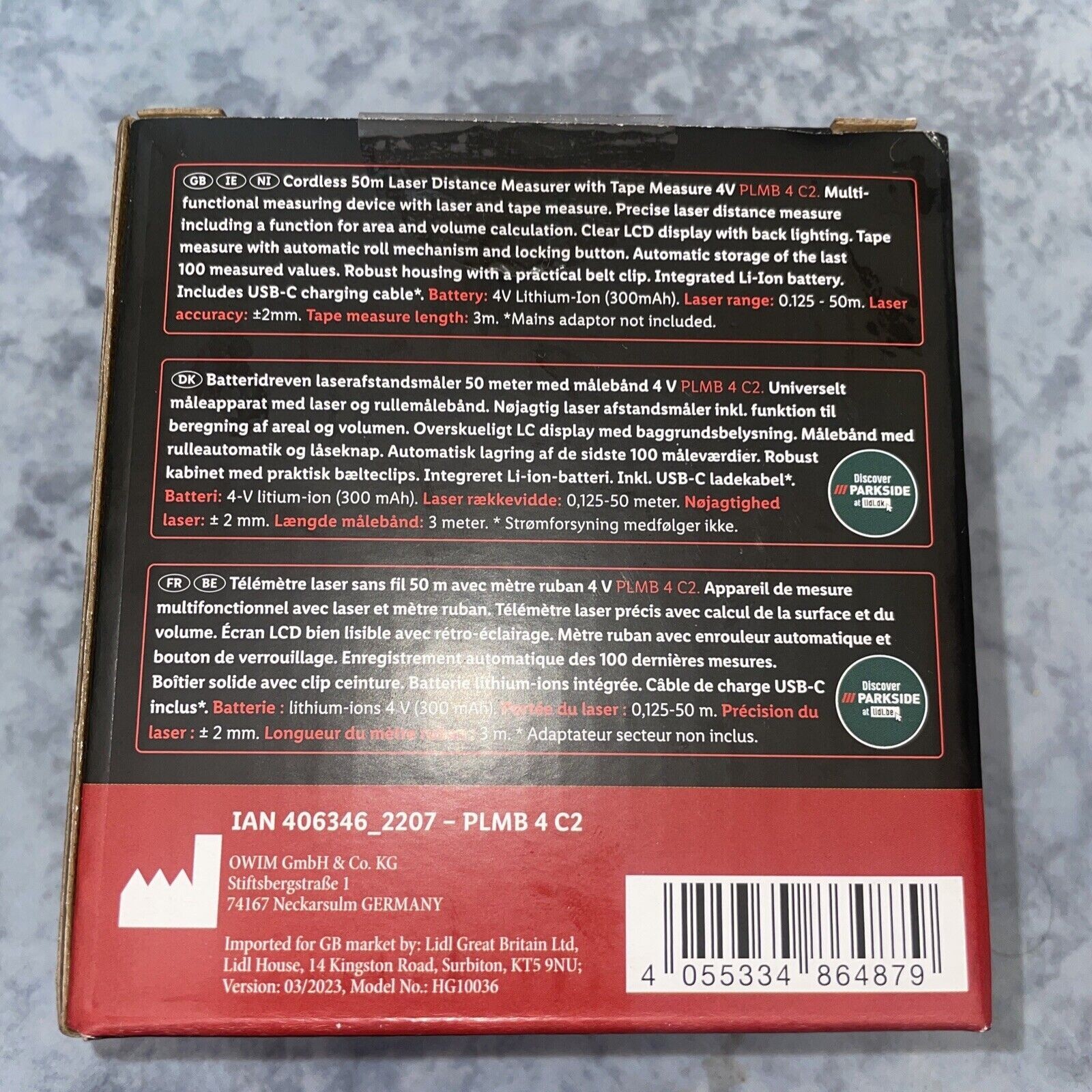 Parkside Cordless 50m Laser Distance Measurer With Tape Measure 4v ...