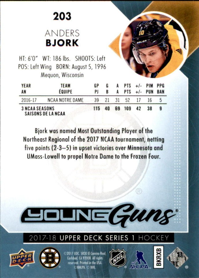 2017/18 Upper Deck card # 203 of Anders Bjork - Boston Bruins (Rookie ...