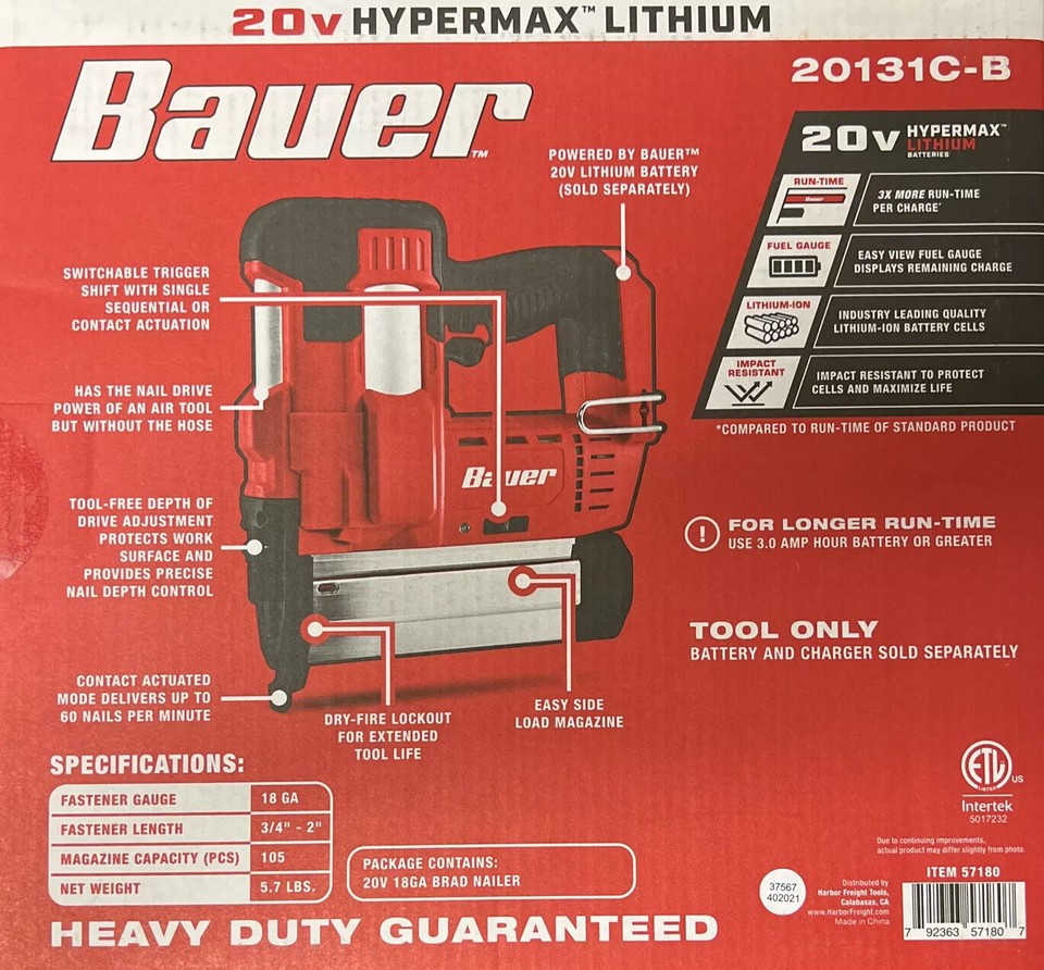 BAUER 20V 18 GAUGE BRAD NAILER NARROW CROW STAPLE NEW | eBay