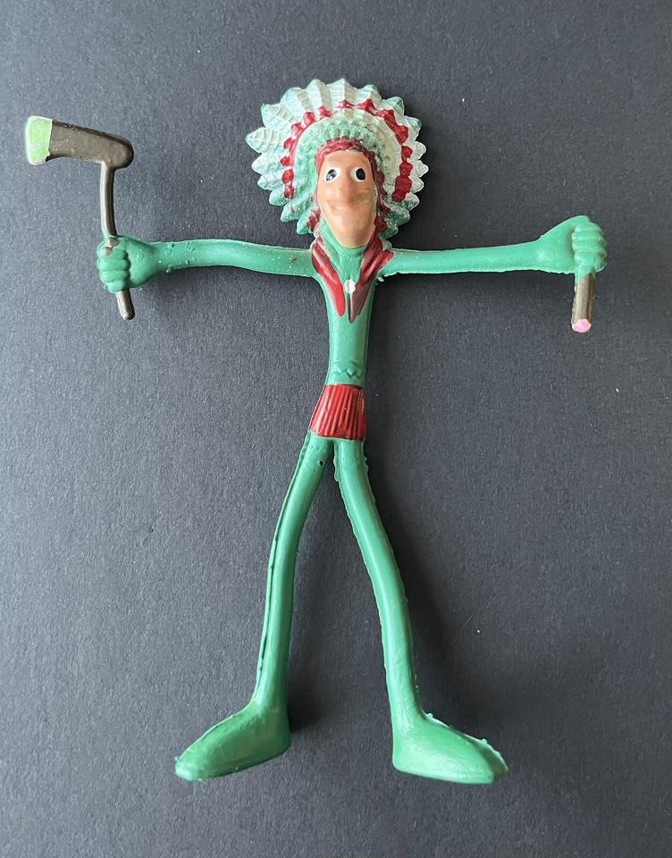 Vintage Indian Bendy Bendable Figure Chief Flexible Green Red Hatchet 2 ...