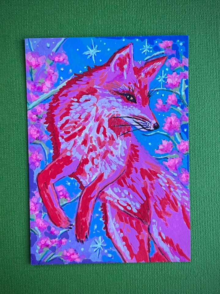 ACEO Original Art Fox Flowers Nature Animal Pink Whimsical Fantasy | eBay