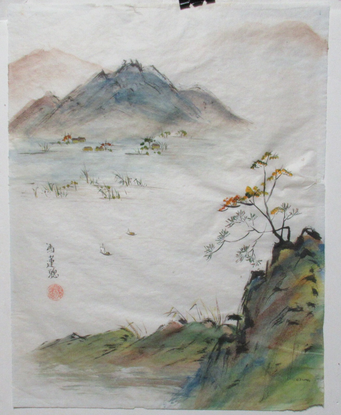 C.FUNG CHINESE FISHERMAN BOATS RIVER MOUNTAIN ORIGINAL WATERCOLOR ...