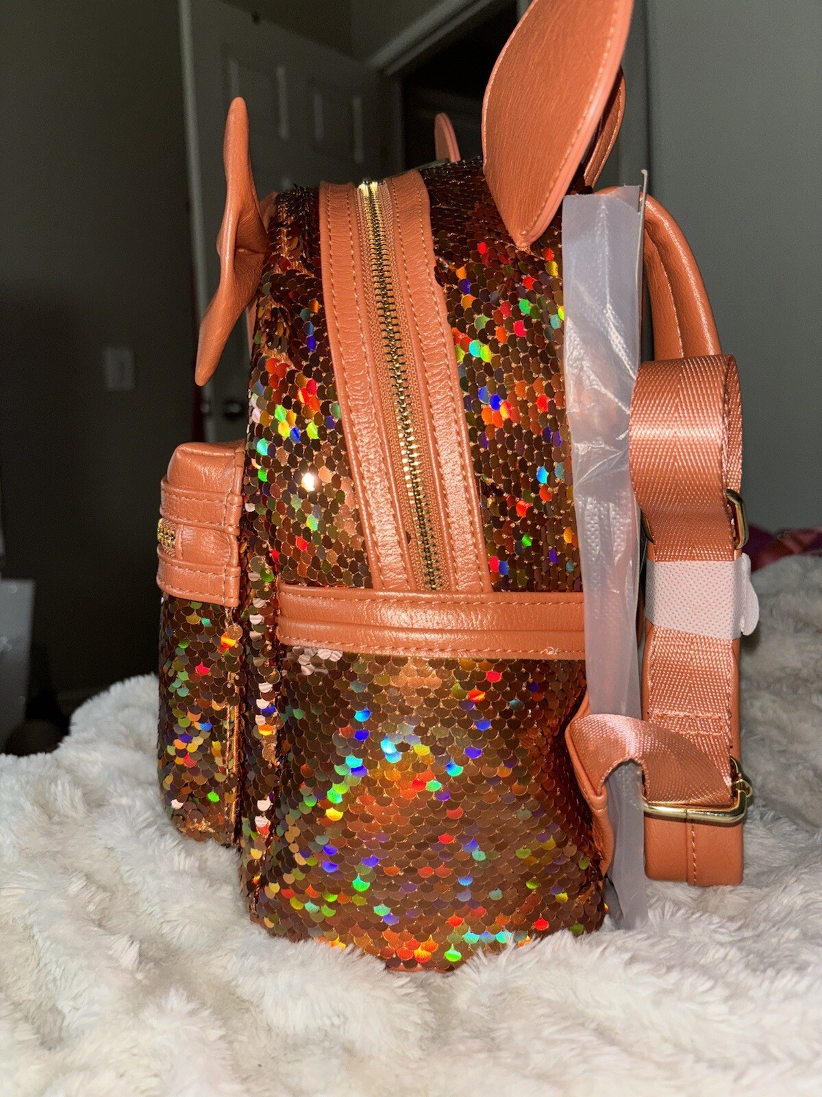 Loungefly Disney Parks Peach Punch Sequined Mini Backpack & Matching Ears | eBay