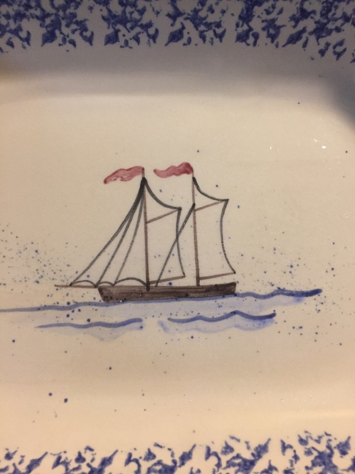 Vintage MOLLY DALLAS Sailboat Spatterware Hand Painted Serving Bowl 11 ...