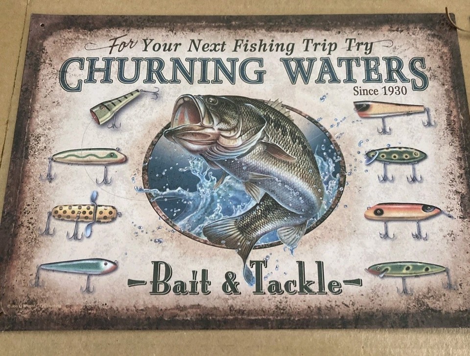 4 Tin Signs & 1 Wooden Bass Fishing Sign Lot Man Cave Bar Wall Decor ...