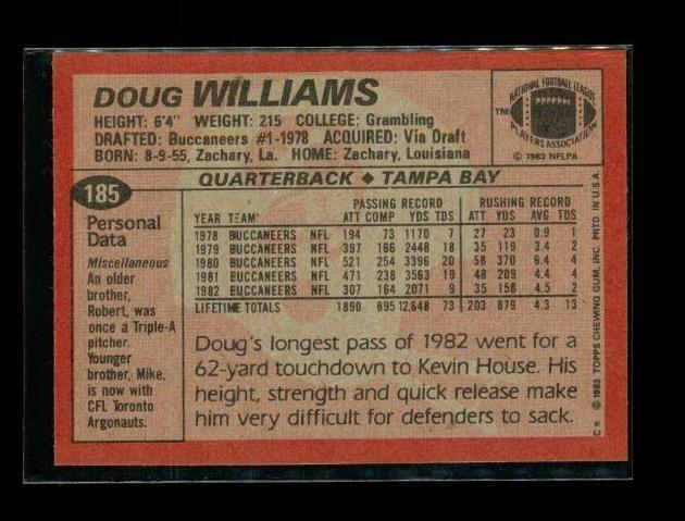 Vintage 1983 TOPPS Football Trading Card #185 DOUG WILLIAMS Tampa Bay ...