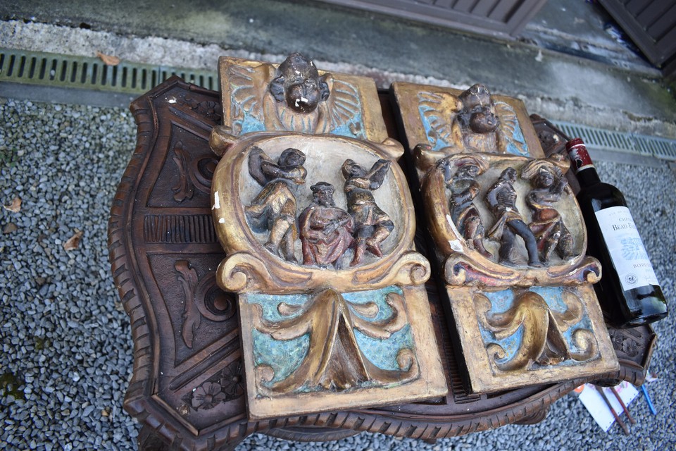 Antique pair wood carved polychrome plaque religious christ ...