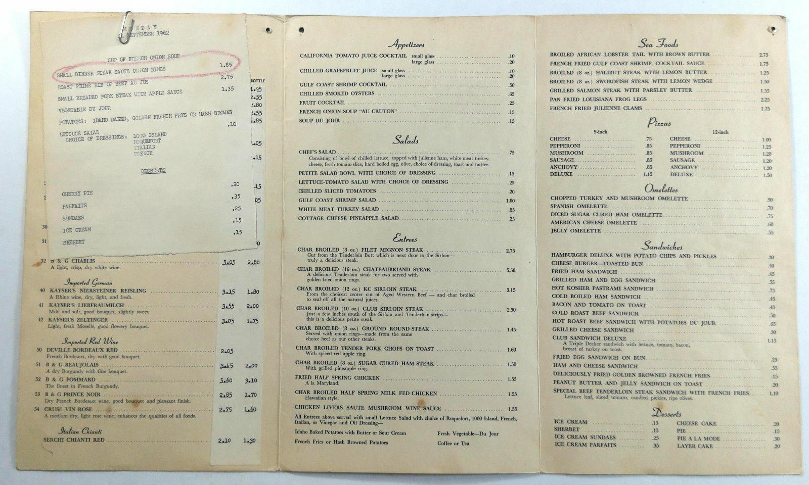 1962 Vintage Officers Club Mess Menu FORBES AIR FORCE BASE AFB Kansas ...