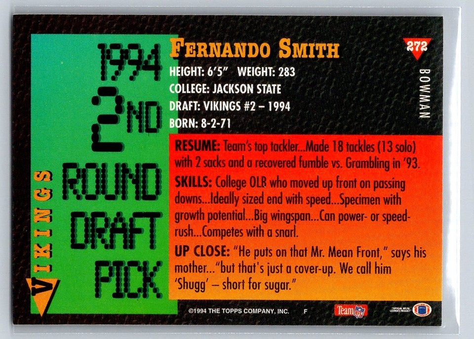 # 272 Fernando Smith Rookie Minnesota Vikings 1994 Bowman | eBay