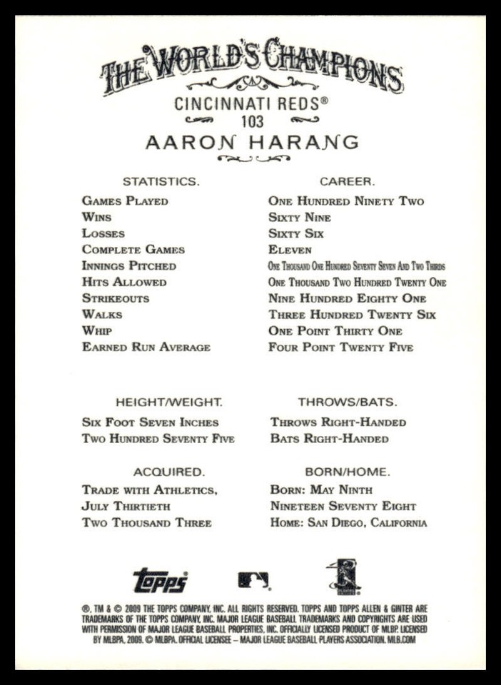 2009 Topps Allen & Ginter Aaron Harang #103 Cincinnati Reds 52822 | eBay