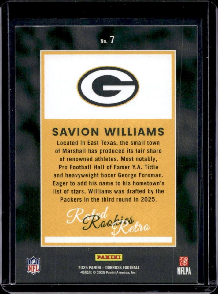 2025 Donruss Savion Williams Rated Rookie Retro Rookie RC #7 Packers | eBay
