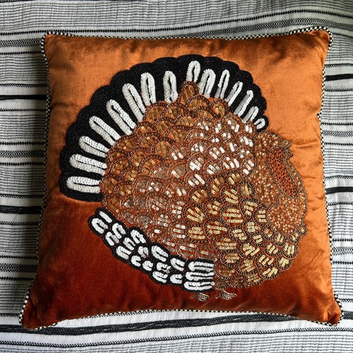 MacKenize-Childs Turkey Beaded Throw Pillow Orange Sequins Thanksgiving ...