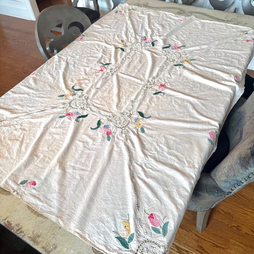 VTG Handmade Linen Tablecloth 48x67" Embroidered Floral Appliqué ...