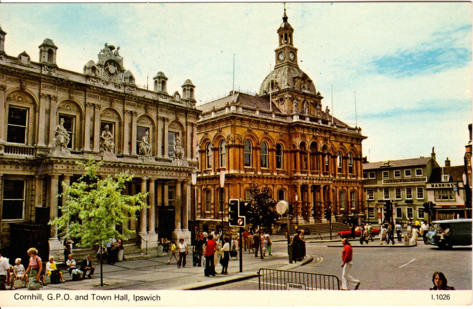 02273 - postcard showing Cornhill, Post office and town hall in Ipswich ...