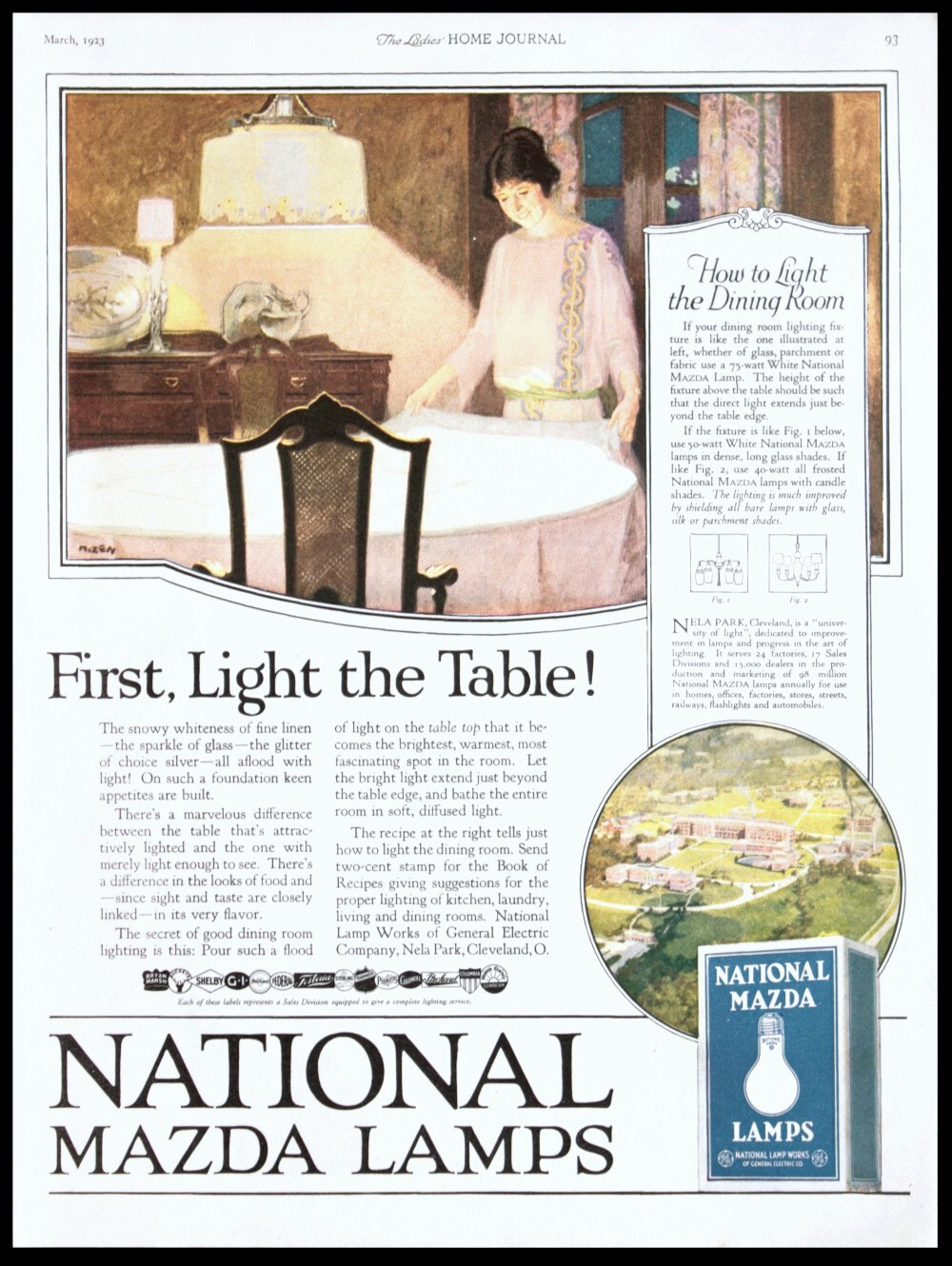 1923 National MAZDA LAMPS Lights Dining Table F. MIZEN Art Vintage ...