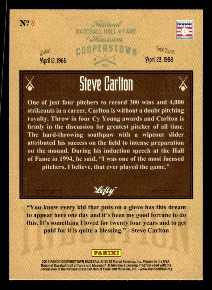 2013 PANINI COOPERSTOWN STEVE CARLTON 8 INDUCTION MINT PHILADELPHIA ...