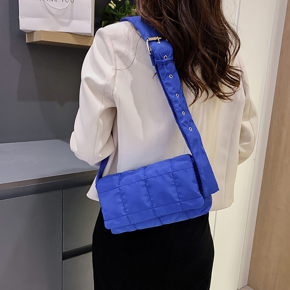 Women Nylon Cotton Padded Handbag Solid Color Messenger Bag (Light Blue ...