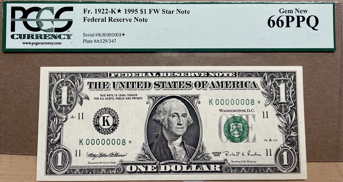1995 $1 Super Low Binary One Single Digit Star Note. Serial Number ...