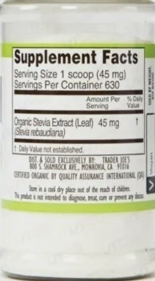 Trader Joe's Organic Stevia Extract Calorie Free Dietary Supplement NEW ...