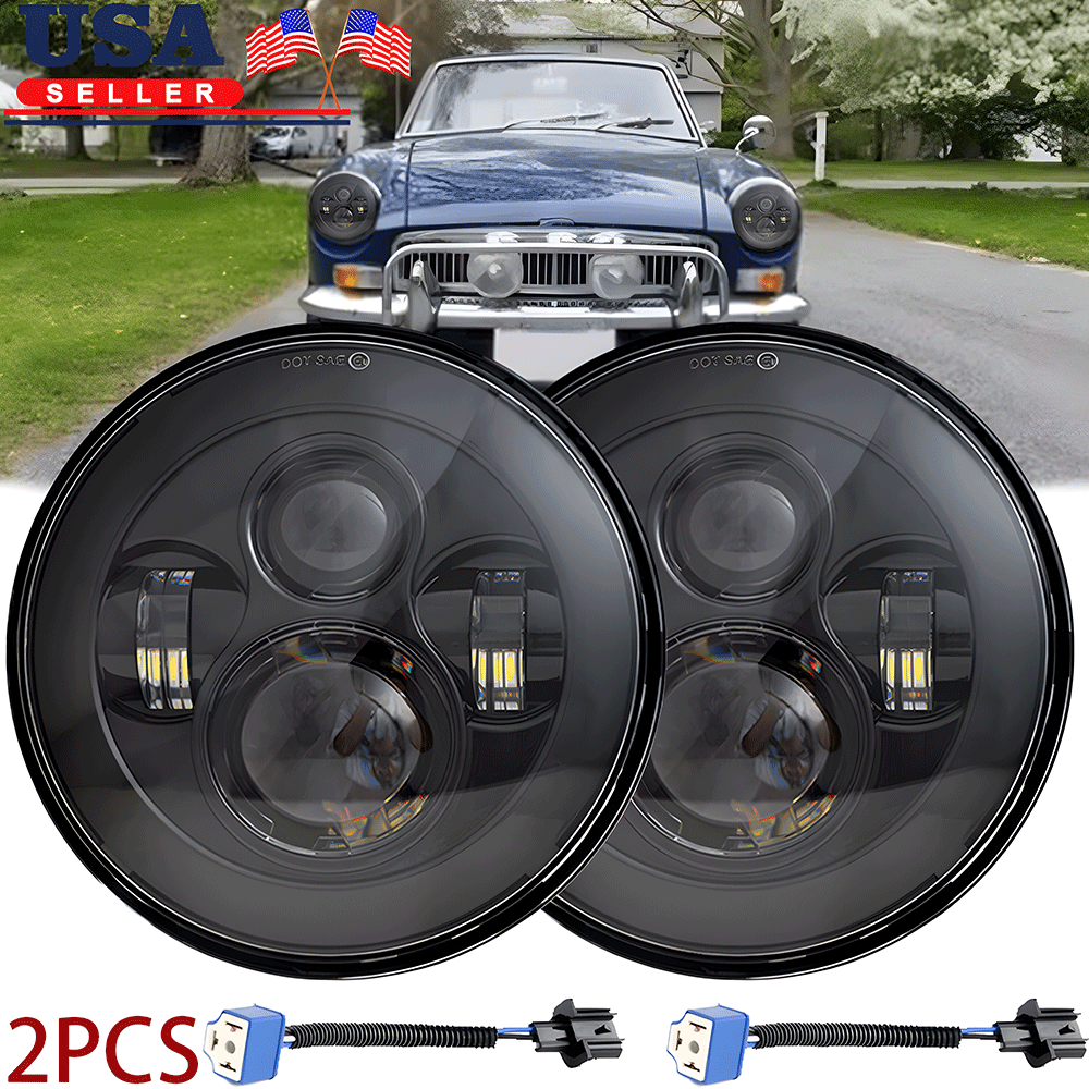 For MG MGB 1969-1981 Pair 7" Round LED Headlights Black Hi-Lo Beam DOT ...