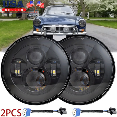 For MG MGB 1969-1981 Pair 7" Round LED Headlights Black Hi-Lo Beam DOT ...