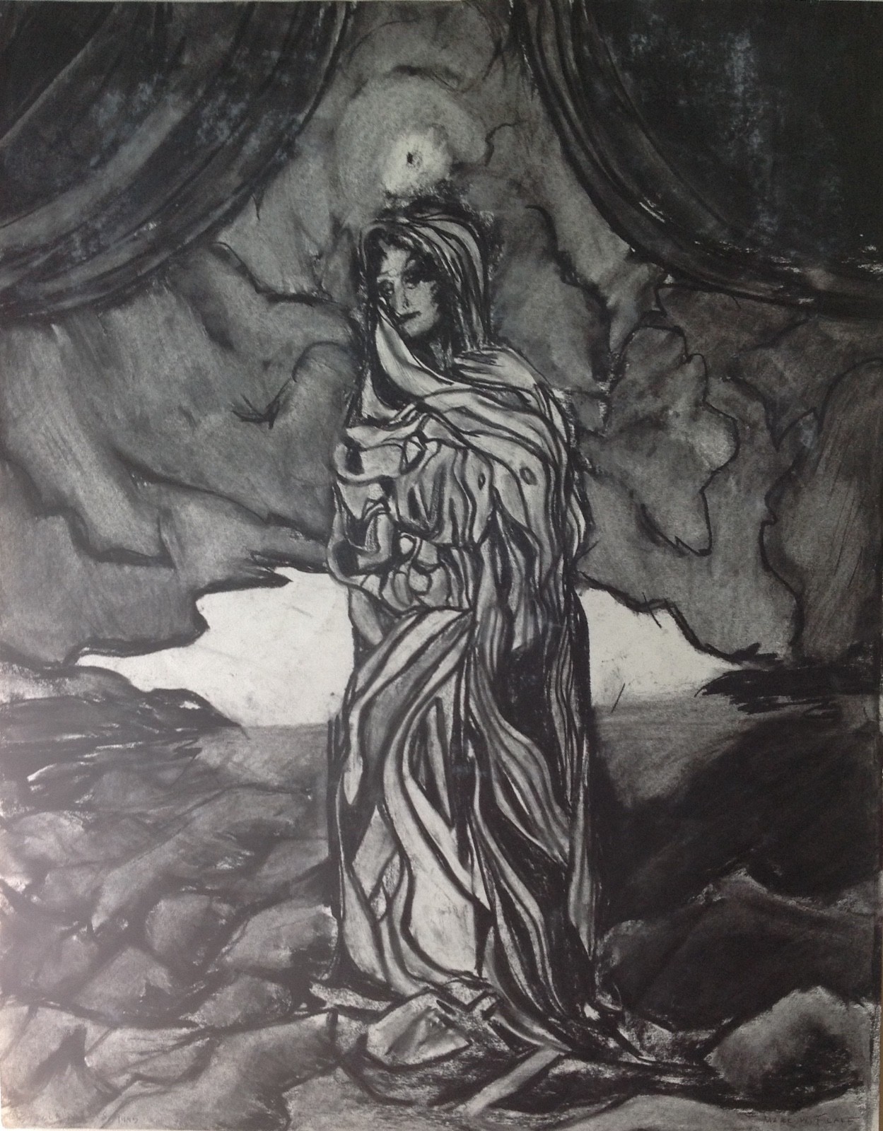 Mark Flake signed original charcoal drawing vintage Virgin Mary Stella ...