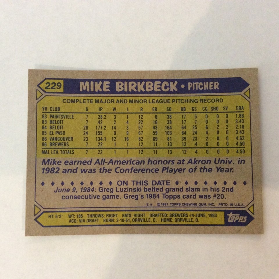 1987 Topps #229 Mike Birkbeck Milwaukee Brewers | eBay