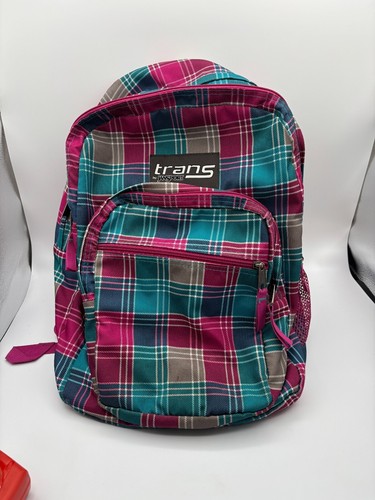 Trans by Jansport Pink Blue Plaid Backpack School Book Bag 4 Zipper ...