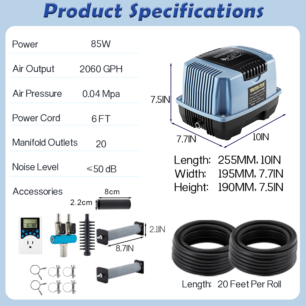 Koi Fish Pond Air Pump Septic Aerator Pump + Self Weighted Hose + Timer ...