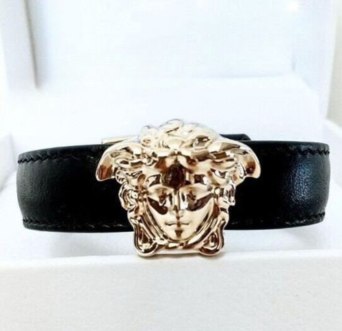 Gianni Versace Black Leather Silver Tone Bangle Bracelet with Original ...