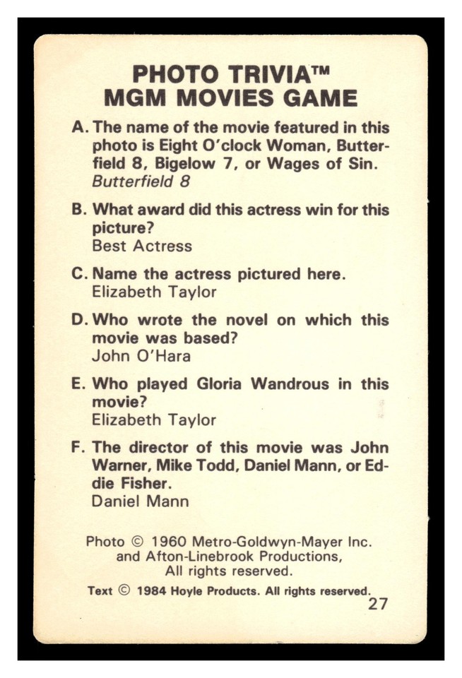 Elizabeth Taylor #27 1984 Hoyle Photo Trivia MGM Movies Game | eBay