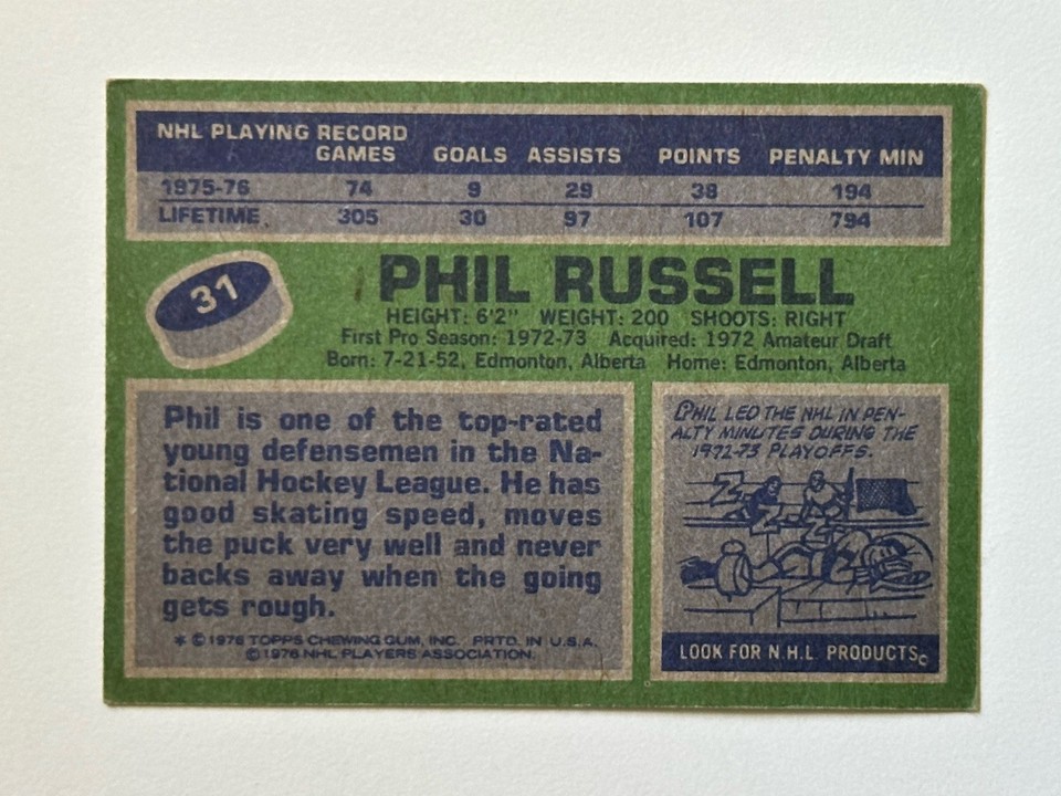 PHIL RUSSELL 1976-77 TOPPS #31 CHICAGO BLACKHAWKS Autographed AUTO ...